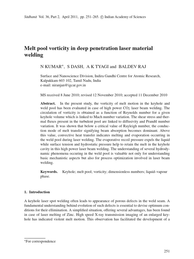 Melt Pool Vorticity in Deep Penetration Laser Material Welding | PDF ...