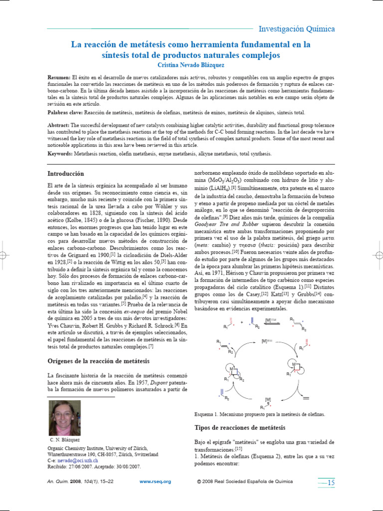 Reacciones de Metátesis en Síntesis Total | PDF | Química Orgánica ...