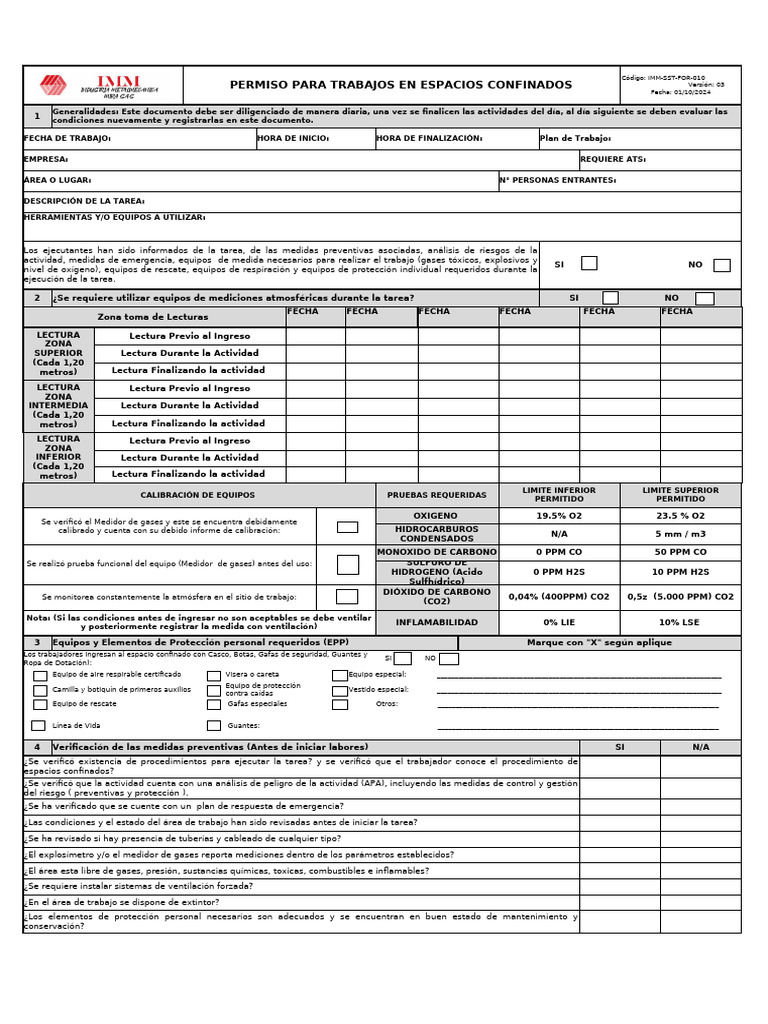 IMM-SST-FOR-010 Permiso de Trabajo en Espacios Confinados-V3 | PDF | Dióxido de carbono | Gases