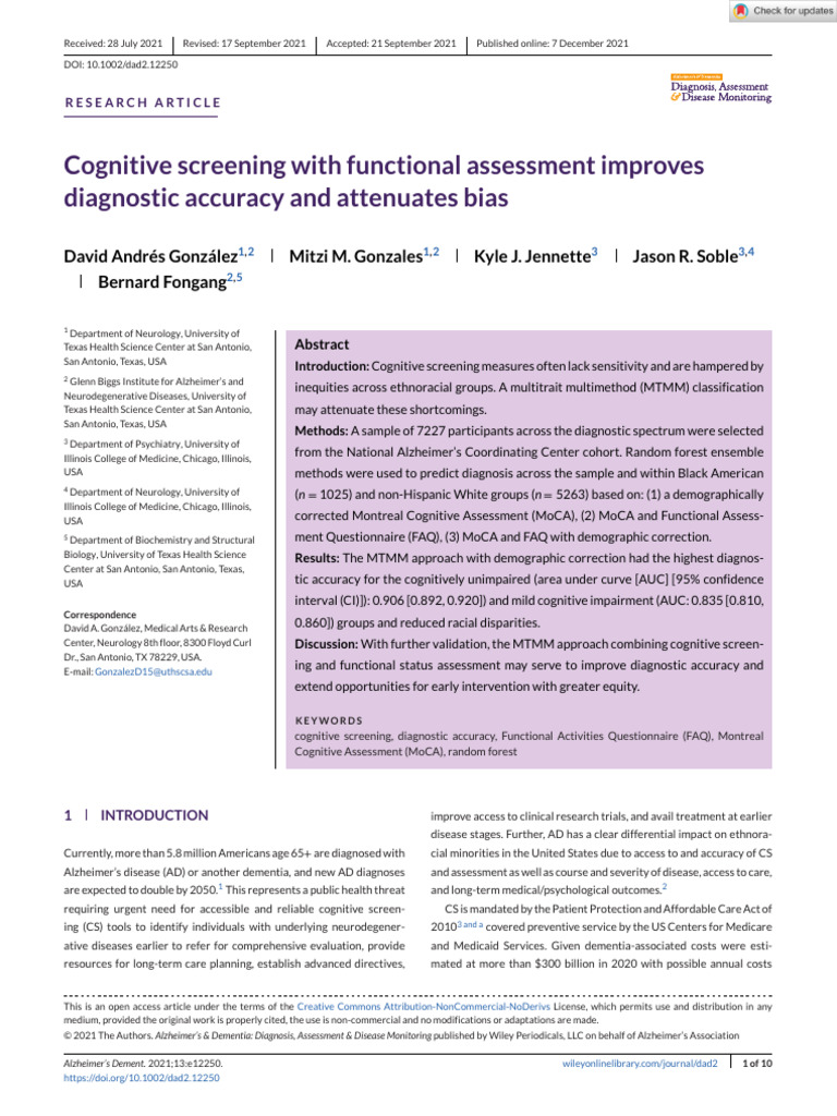 Alz Dem Diag Ass Dis Mo - 2021 - González - Cognitive Screening With ...