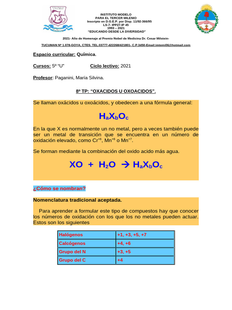 5º Quimica 8º TP Oxacidos | PDF | Moléculas | Química