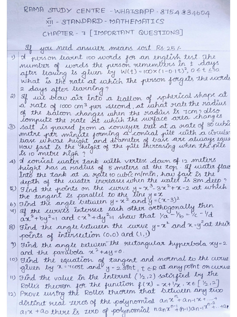 12th Maths Chapter 7 Important Questions English Medium PDF Download | PDF