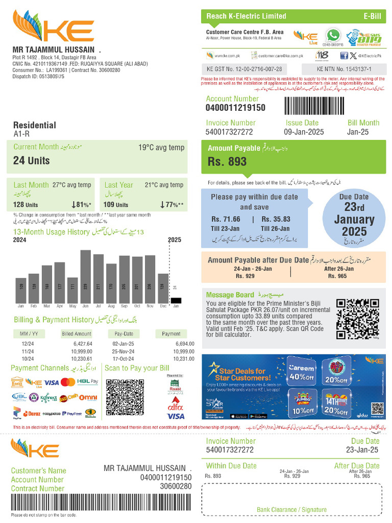 Electricity Bill Summary for January 2025 | PDF | Fee | Electric Power