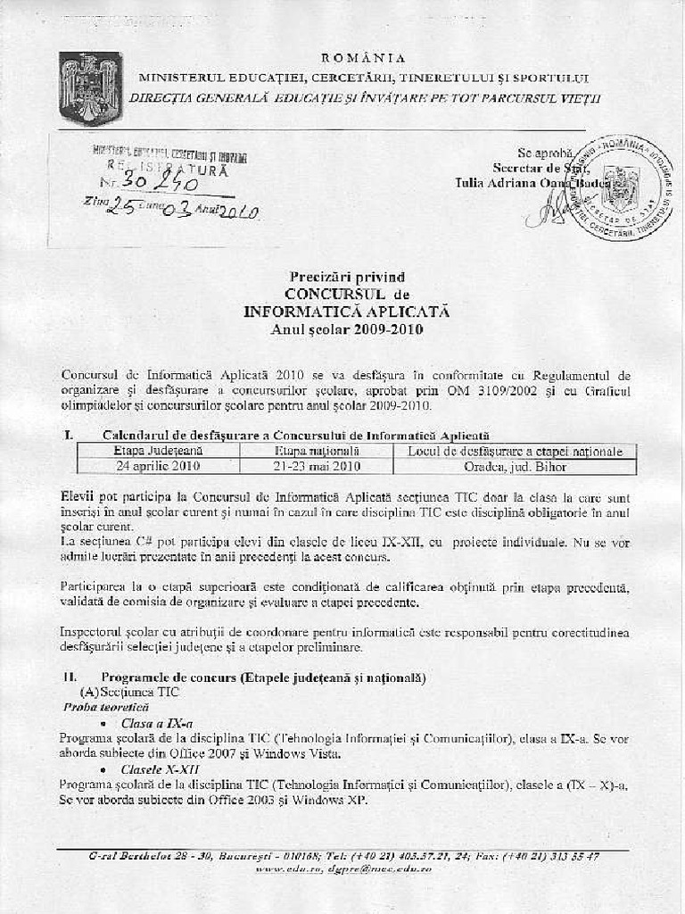 Precizari Concurs Informatica Aplicata NR 30240 | PDF