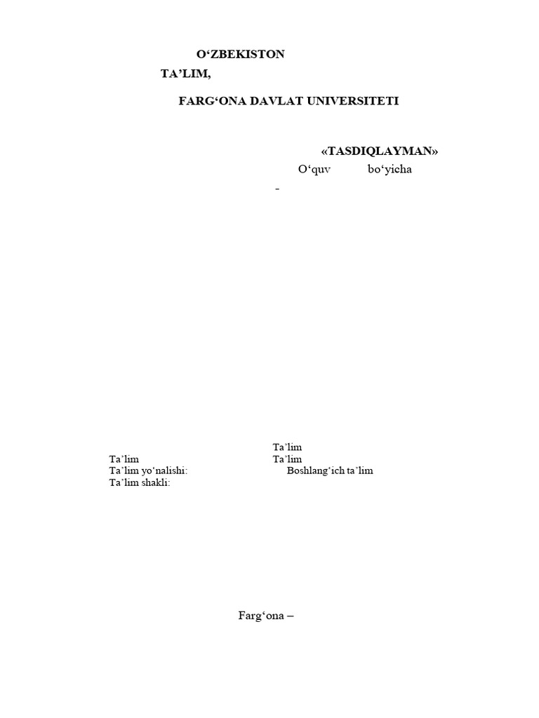 Dinshunoslik Sillabus Boshlang' Ich Ta' Lim 1k | PDF