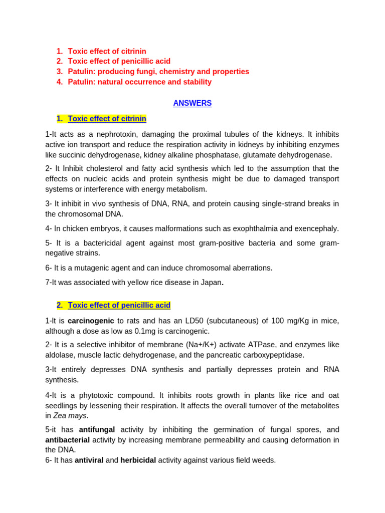 Toxic Effects of Citrinin and Patulin | PDF | Chemical Substances