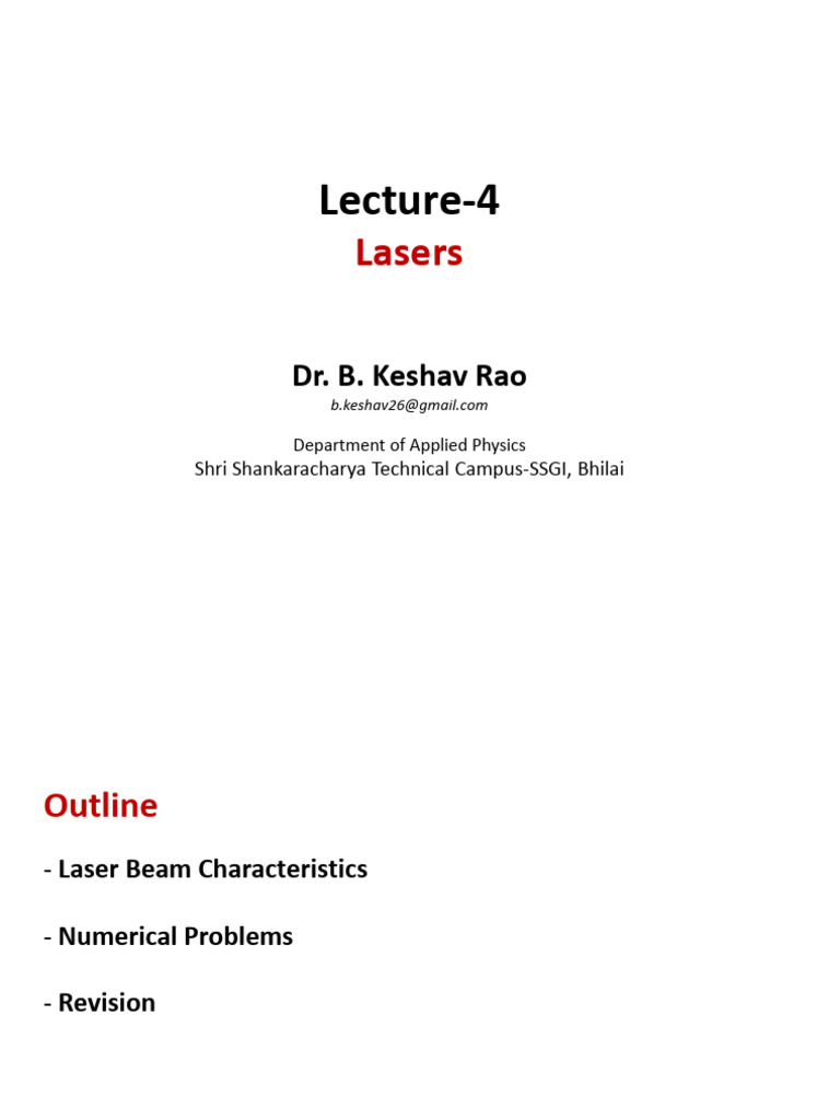 Lasers Lecture-4 Laser Beam Characteristics & Numerical Problems | PDF