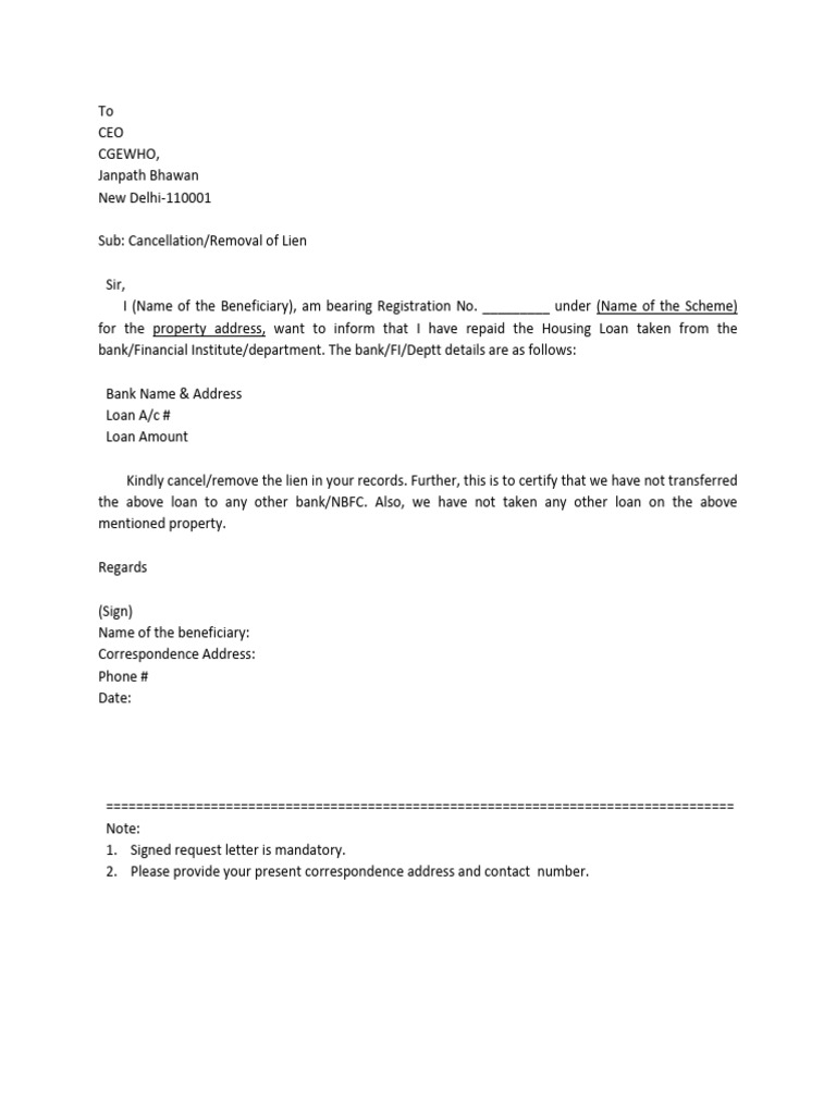 Format Request Letter Lien Cancellation | PDF
