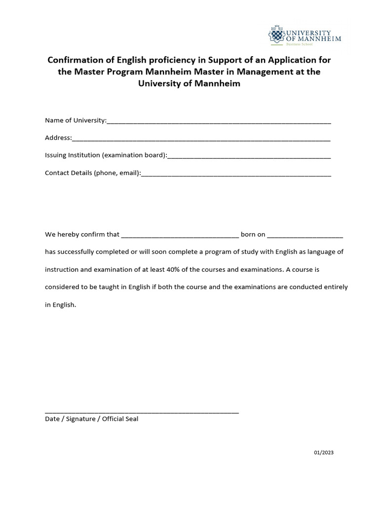 English Proficiency Confirmation for Mannheim | PDF