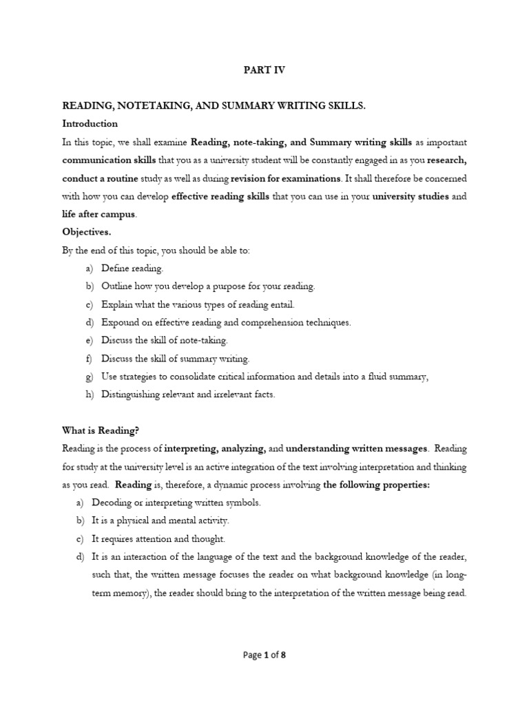 Topic 5. Reading, Note Taking Summary Writing Skills | PDF | Reading Comprehension | Information