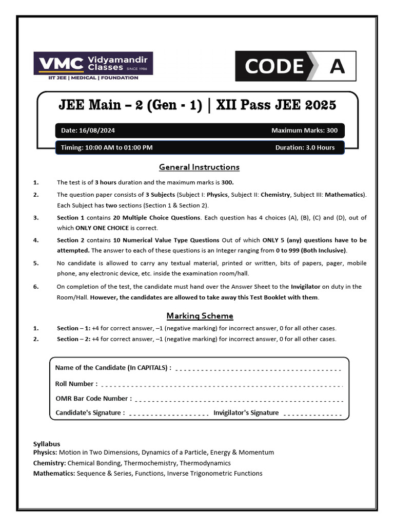 2025-XII Pass JEE Main-2 (Gen-1)-Paper | PDF | Force | Gases