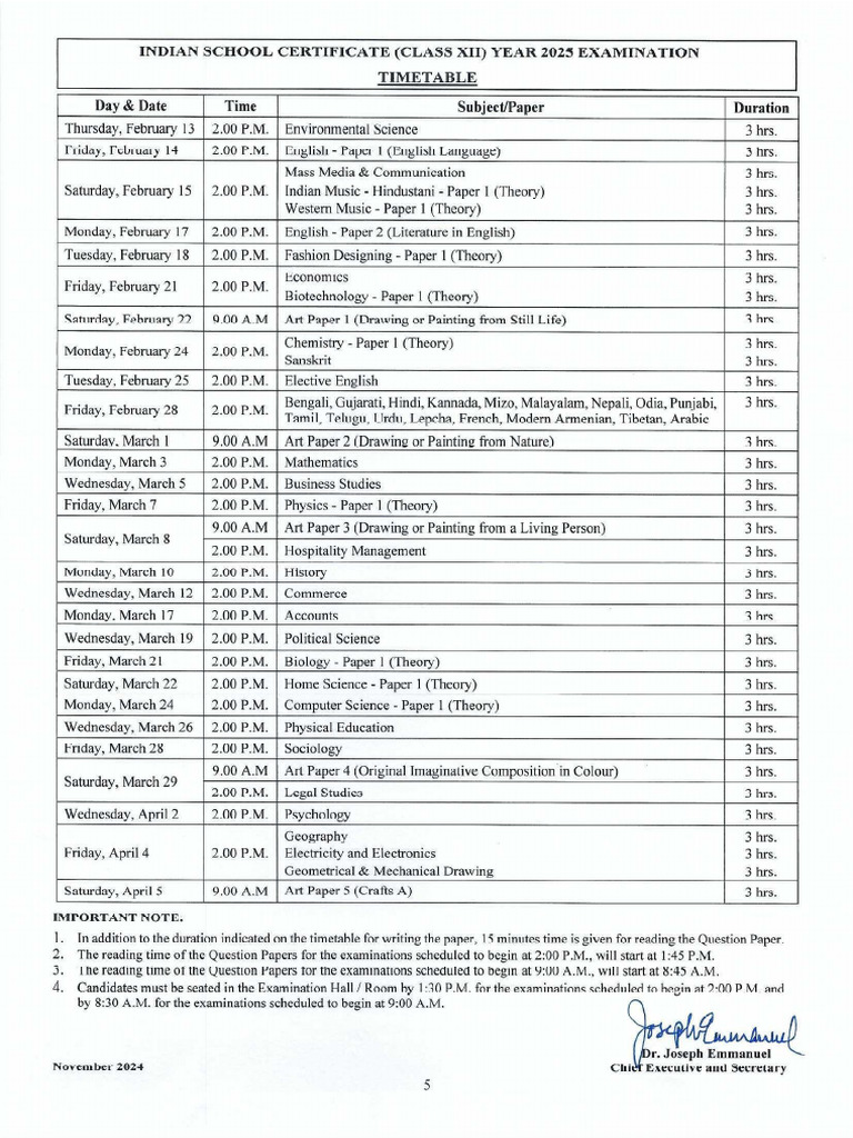 ISC 2025 Timetable | PDF