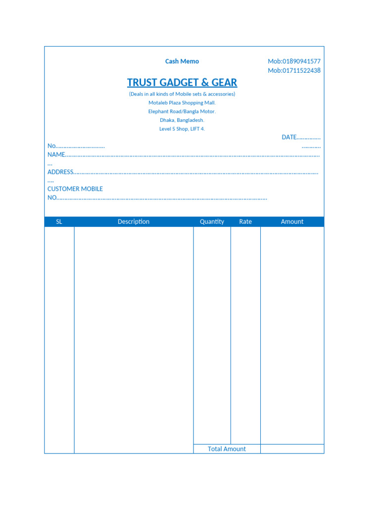 Mobile Shop Cash Memo Template | PDF