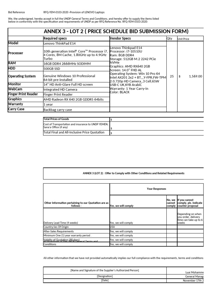 Annex 3 - LOT 2 - Price Schedule Bid Submission Form | PDF | Computer ...