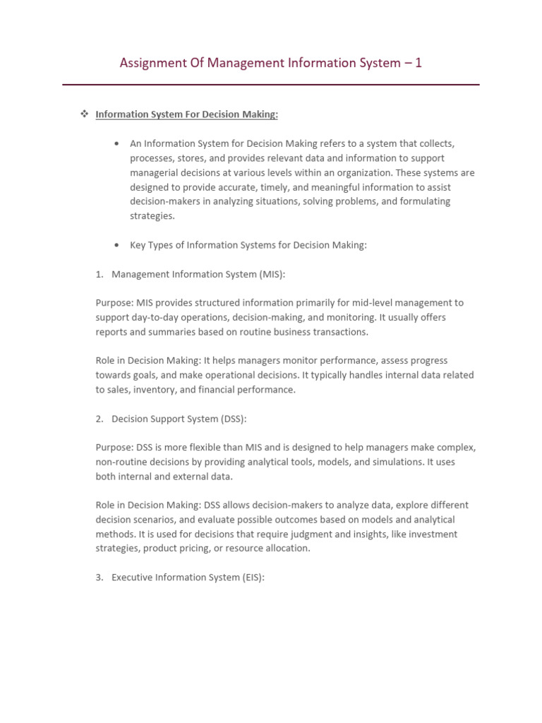 MIS Assignment-1 | PDF | Decision Support System | Decision Making