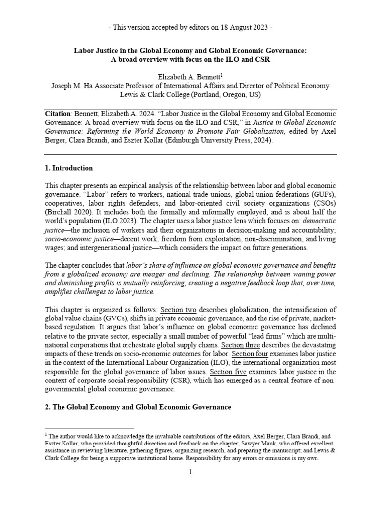 2024 Labor Justice and Economic Governance ILO CSR BENNETT 1 | PDF ...