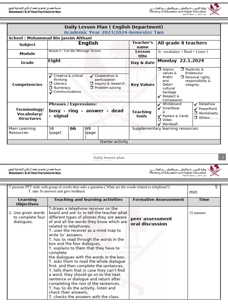 Grade 8 - English - 5d. Vocabulary + Read + Listen | PDF | Lesson Plan ...
