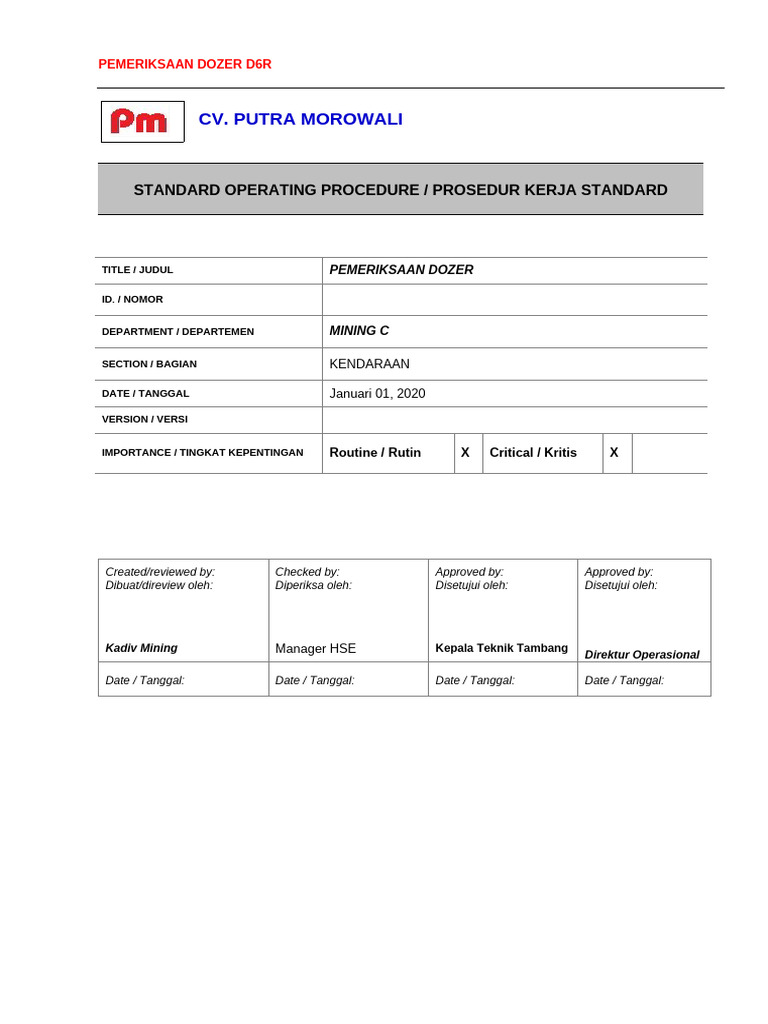 SOP Pemeriksaan Dozer | PDF