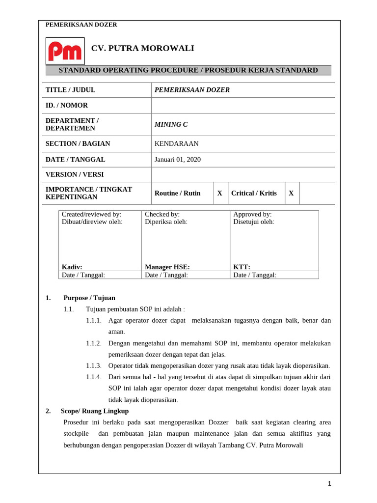 SOP Pemeriksaan Dozer c | PDF