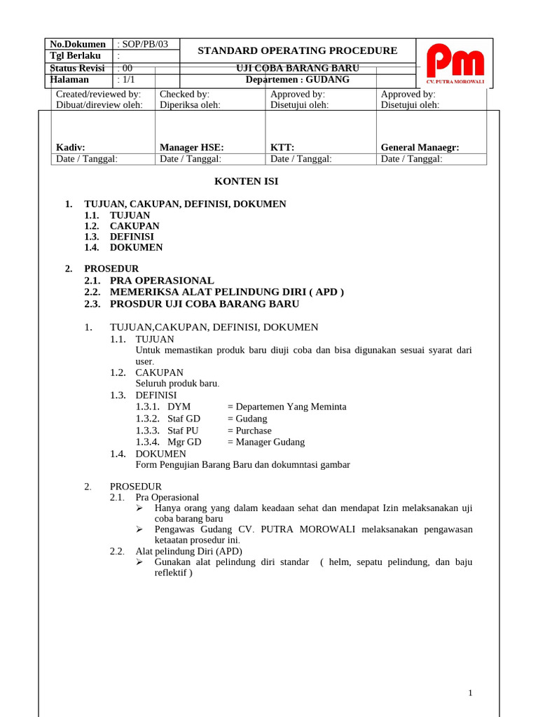 SOP Uji Coba Barang Baru | PDF