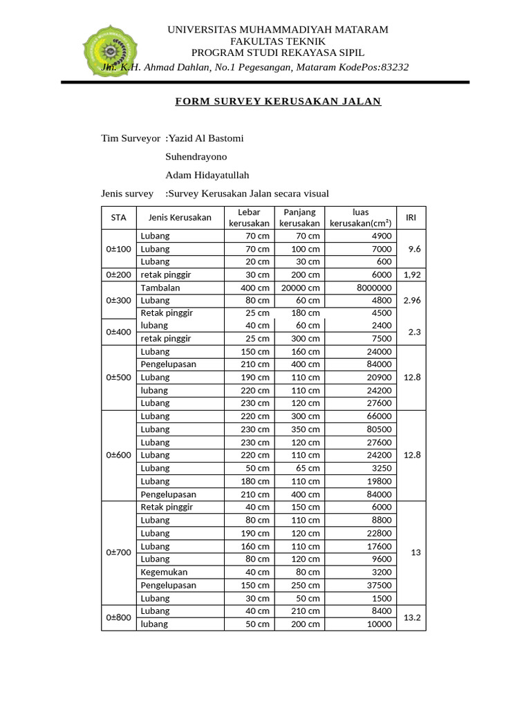 Form survey Kerusakan Jalan | PDF