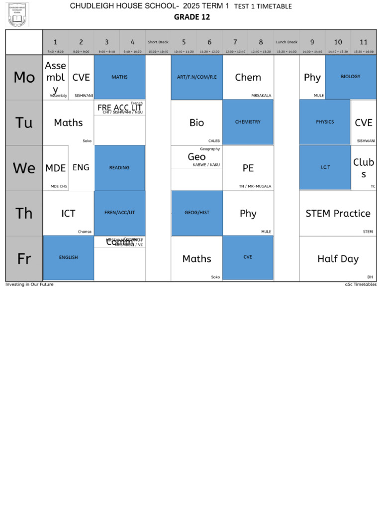 Grade 12 TEST 1 TIME TABLE | PDF