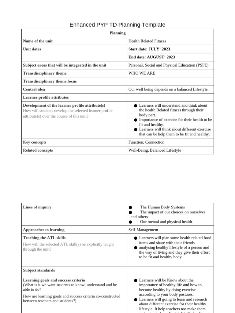 PYP - TD Unit Planner PSPE - Updated | PDF | Learning | Educational ...