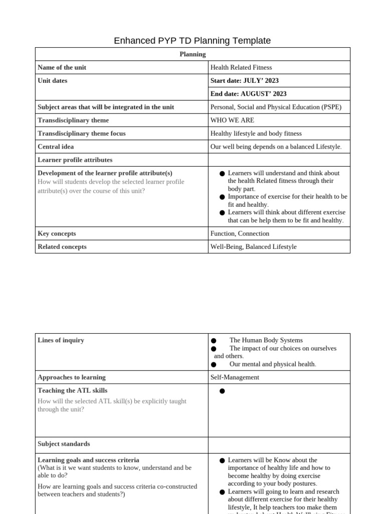 PYP - TD Unit Planner PSPE | PDF | Learning | Educational Assessment