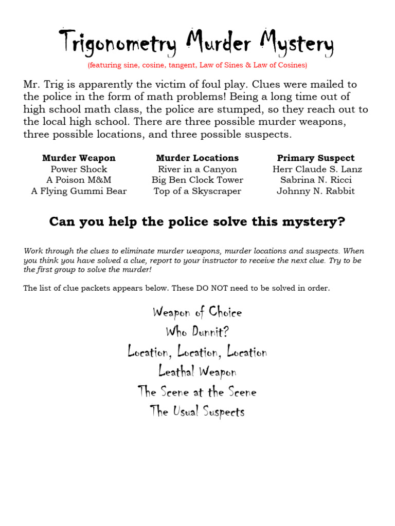 Trigonometry Murder Mystery Challenge | PDF | Trigonometric Functions ...