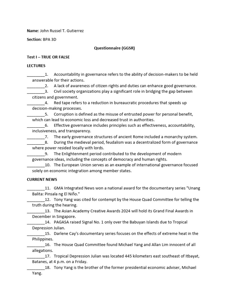 Questionnaire - Gutierrez | PDF | Governance | Forms Of Government