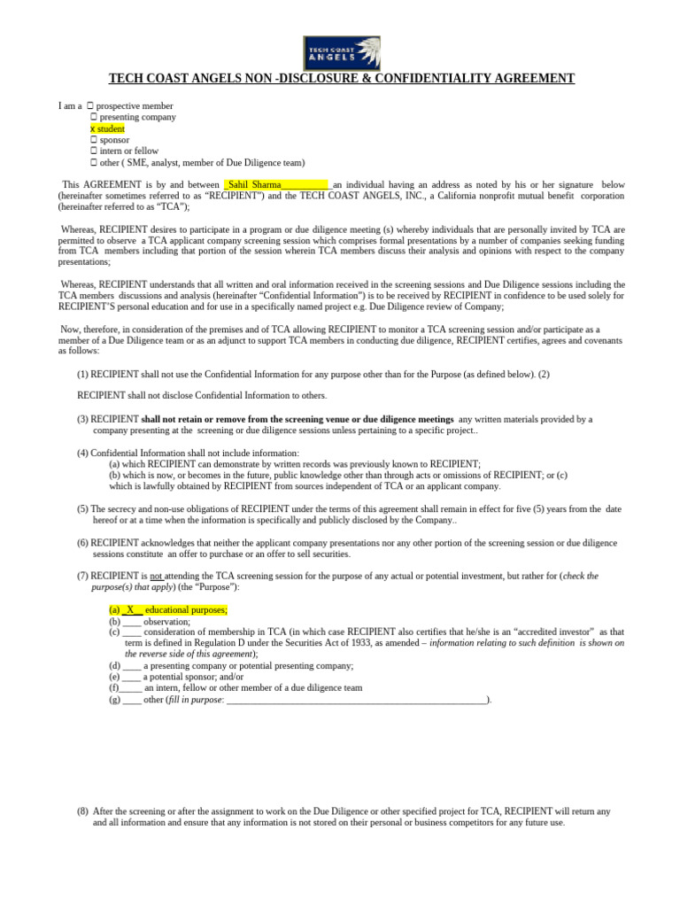 Sahil - Shamra - TCA NDA Form | PDF | Income | Debt