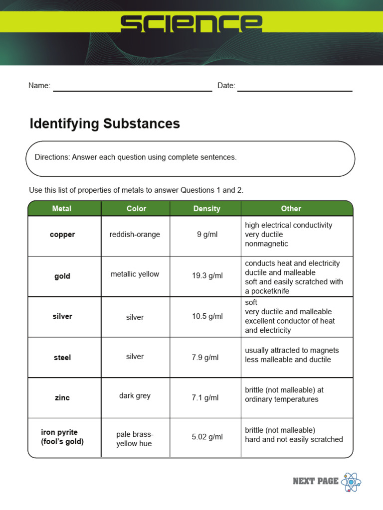 Science8 3.4A IdentifyingSubstances | PDF | Ductility | Gold