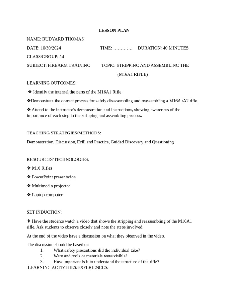Lesson Plan For Stripping and Assembling The m16 | PDF | Ballistics ...