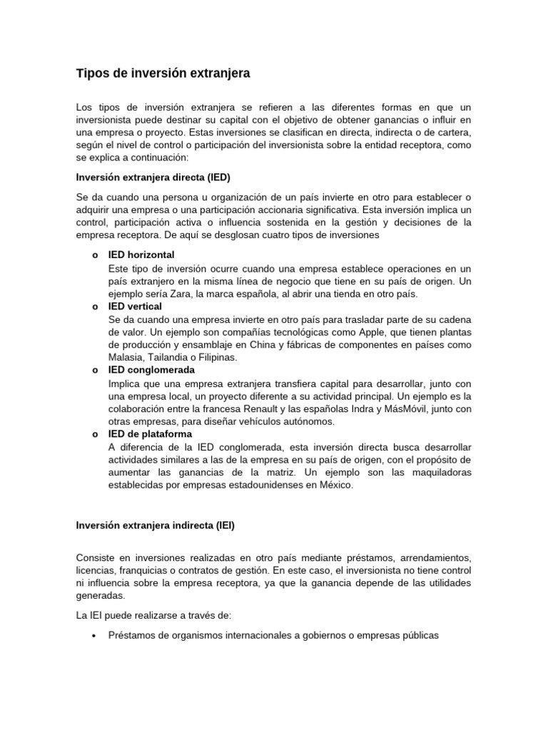Tipos de Inversiones Extranjeras | PDF | Inversiones | La inversión ...