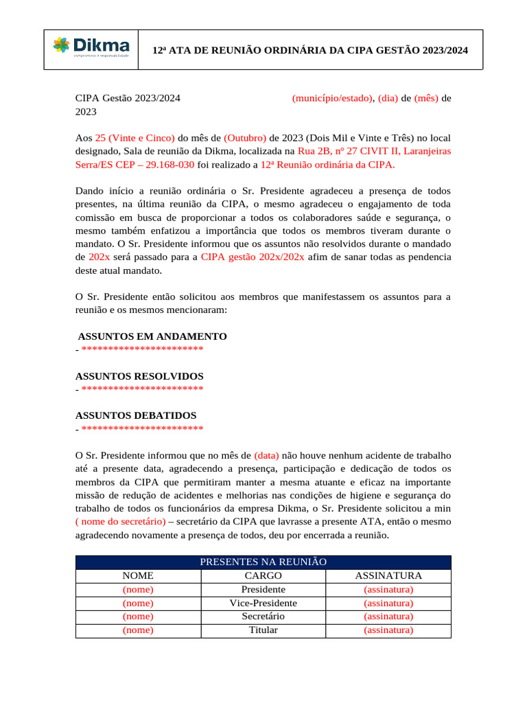 Modelo Da 12 Ata de Reunião Da Cipa | PDF