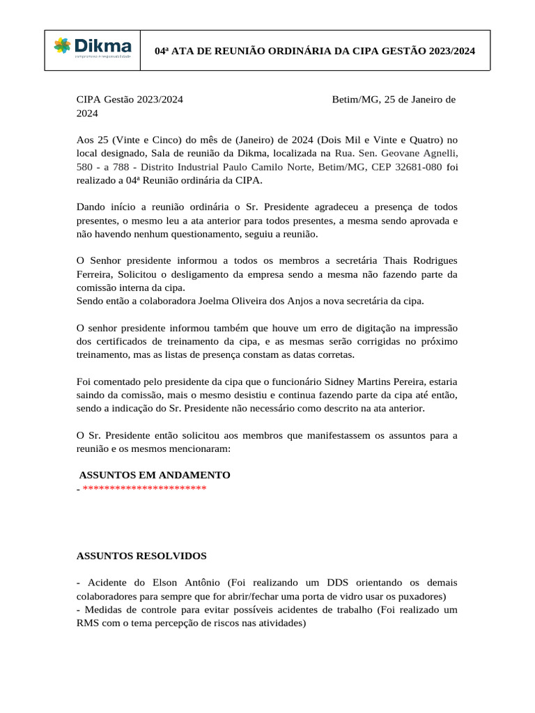 MODELO PADRÃO DA ATA DE REUNIÃO DA CIPA | PDF