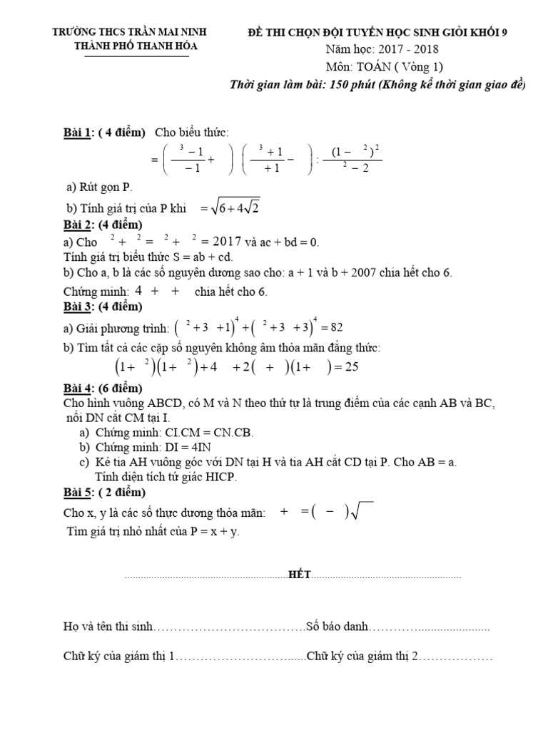 De Thi Chon Doi Tuyen Hoc Sinh Gioi Toan 9 Nam Hoc 2017 2018 Truong Thcs Tran Mai Ninh Thanh Hoa ...