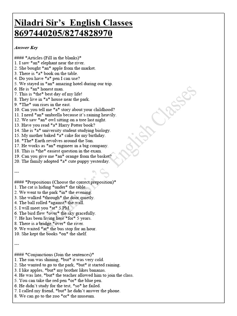 English Grammar Exercises Answer Key | PDF