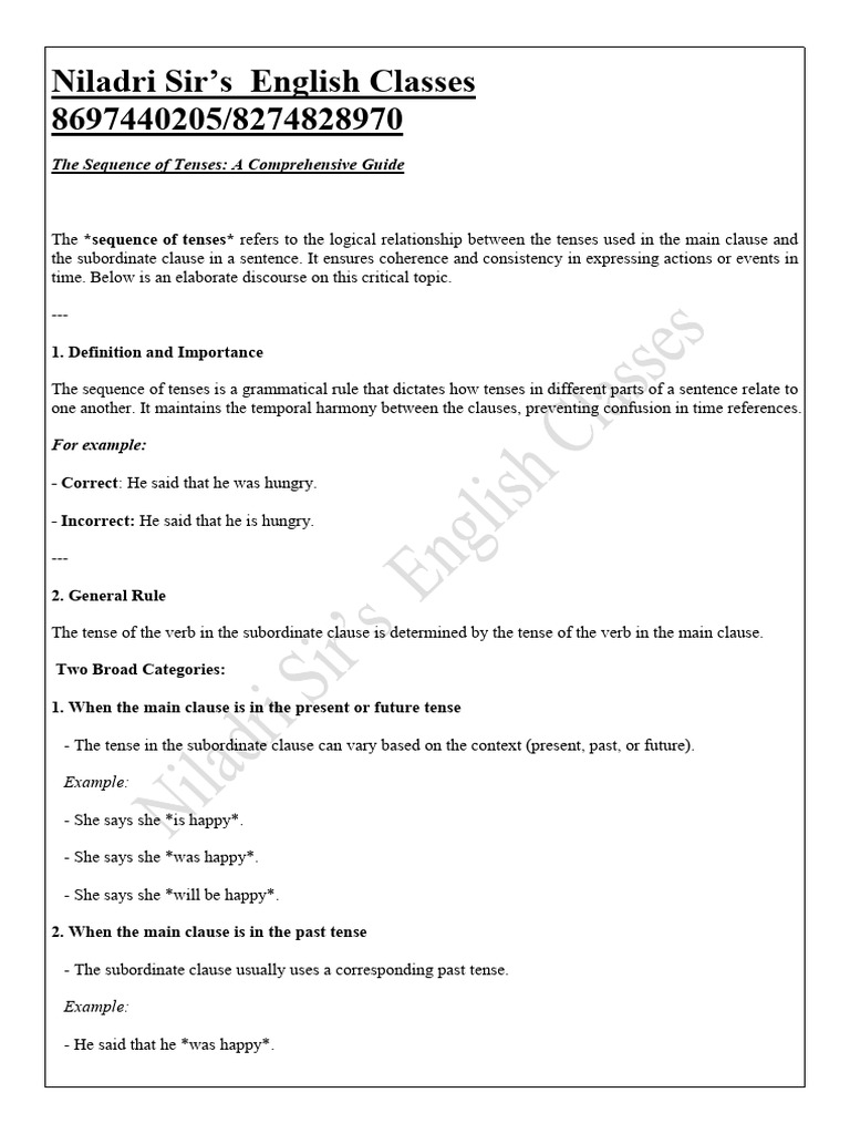 The Sequence of Tenses - A Comprehensive Guide | PDF | Grammatical ...