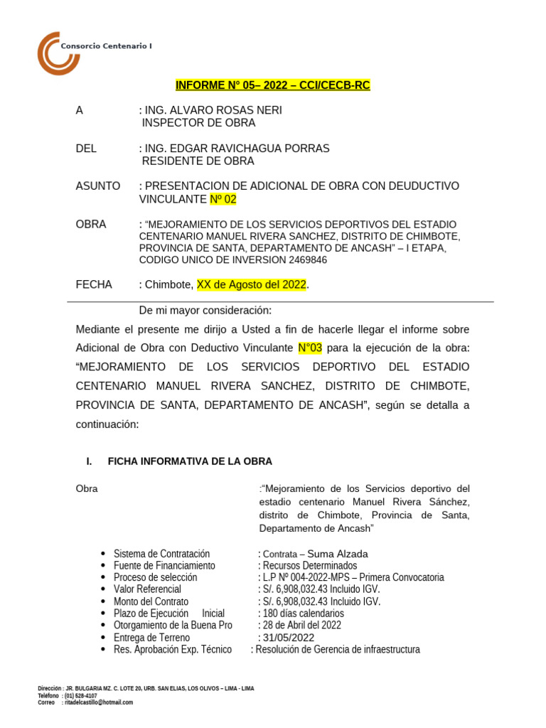INFORME DE ADICIONAL DE OBRA 03 | PDF | Presupuesto | Hormigón