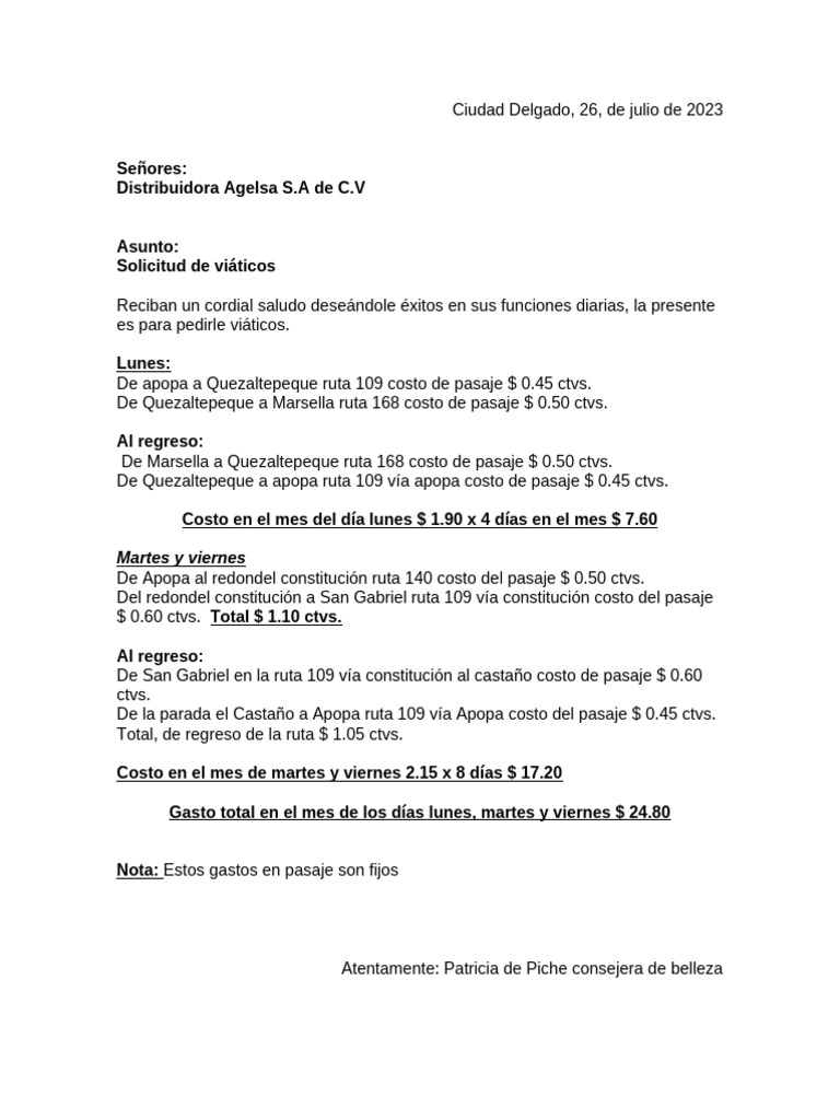 Carta Viaticos | PDF