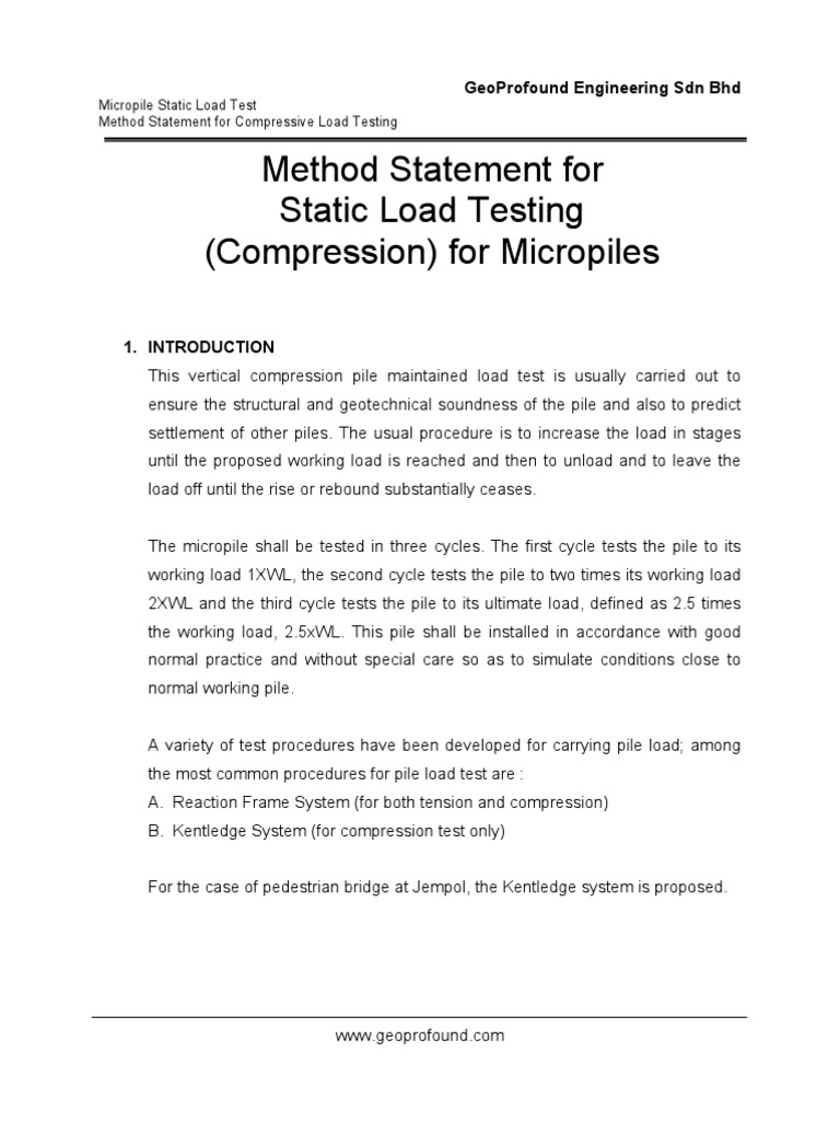 Method Statement For Static Load Test For Micro Piles | PDF | Deep ...