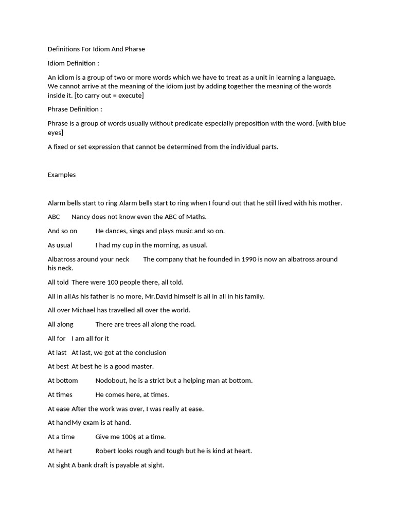 Definitions For Idiom and Pharse | PDF | Phrase | Idiom
