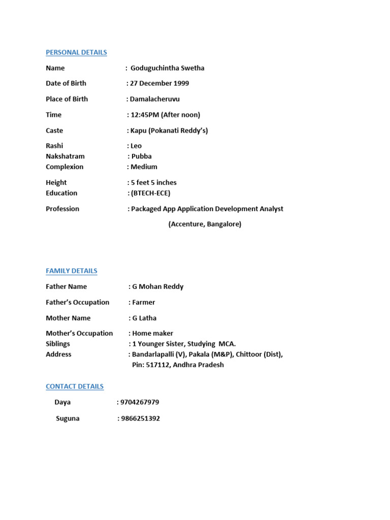 Bio Data - Swetha | PDF