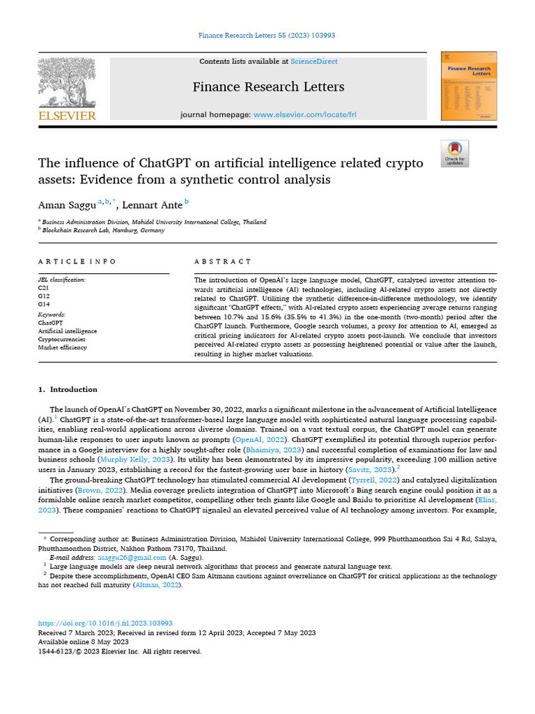 The Influence of ChatGPT On Artificial Intelligence Related Crypto ...