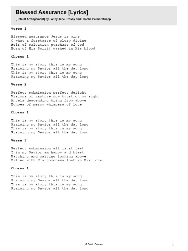 Blessed Assurance Lyrics by Fanny Crosby | PDF