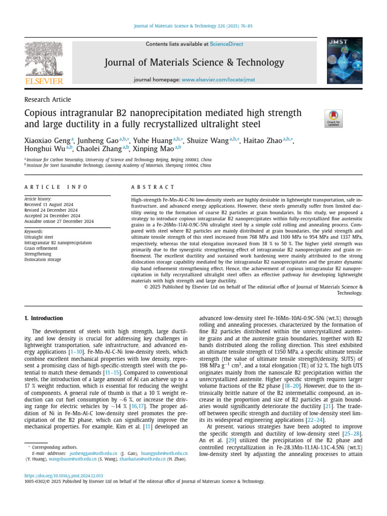 Copious Intragranular B2 Nanoprecipitation Mediated High Strength and ...