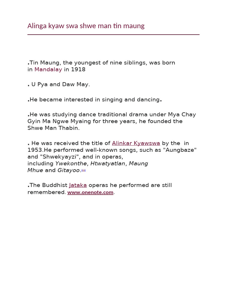Alinga Kyaw Swa Shwe Man Tin Maung: Mandalay | PDF