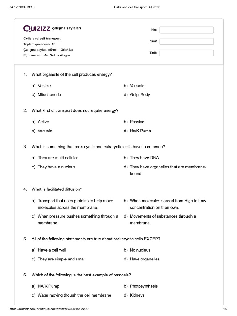 Cell Transport Quiz Worksheet | PDF | Cell Membrane | Cell (Biology)
