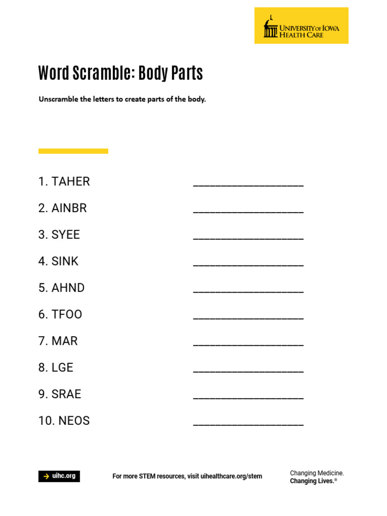 Body Parts Word Scramble | PDF